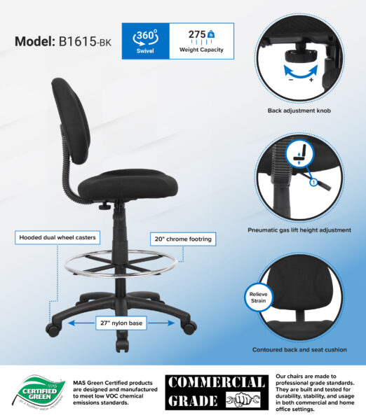 Boss Ergonomic Works Adjustable Drafting Chair without Arms, Black – BossChair