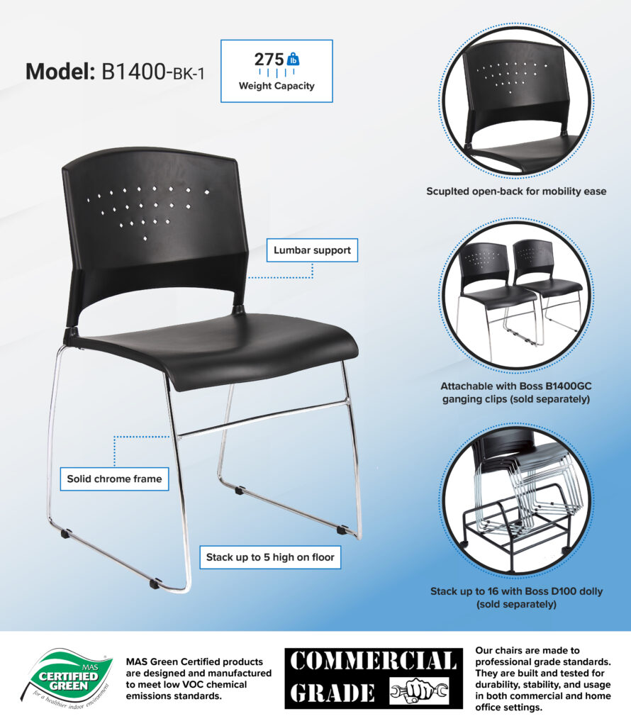 Boss Black Stack Chair With Chrome Frame, (1 chair) – BossChair