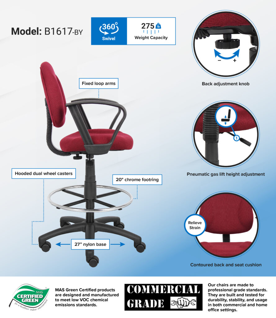 Boss Ergonomic Works Adjustable Drafting Chair with Loop Arms and ...