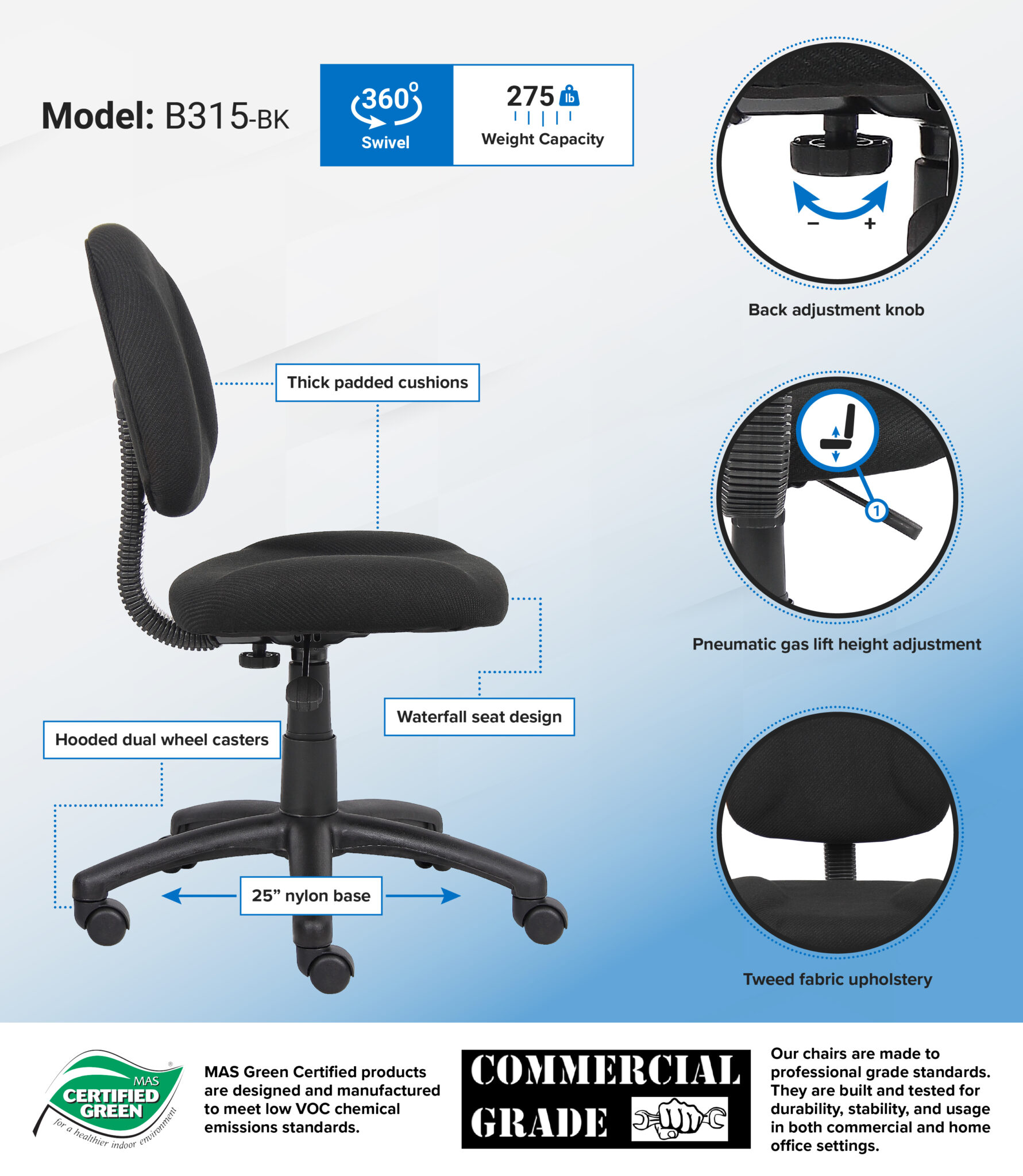Boss Perfect Posture Deluxe Office Task Chair without Arms, Black ...