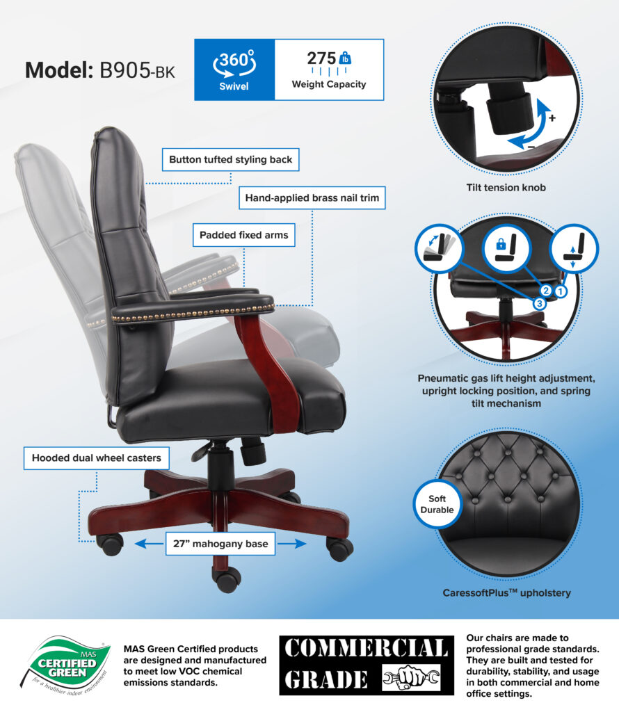 Boss Classic Black Caressoft Vinyl Chair With Mahogany Finish – BossChair