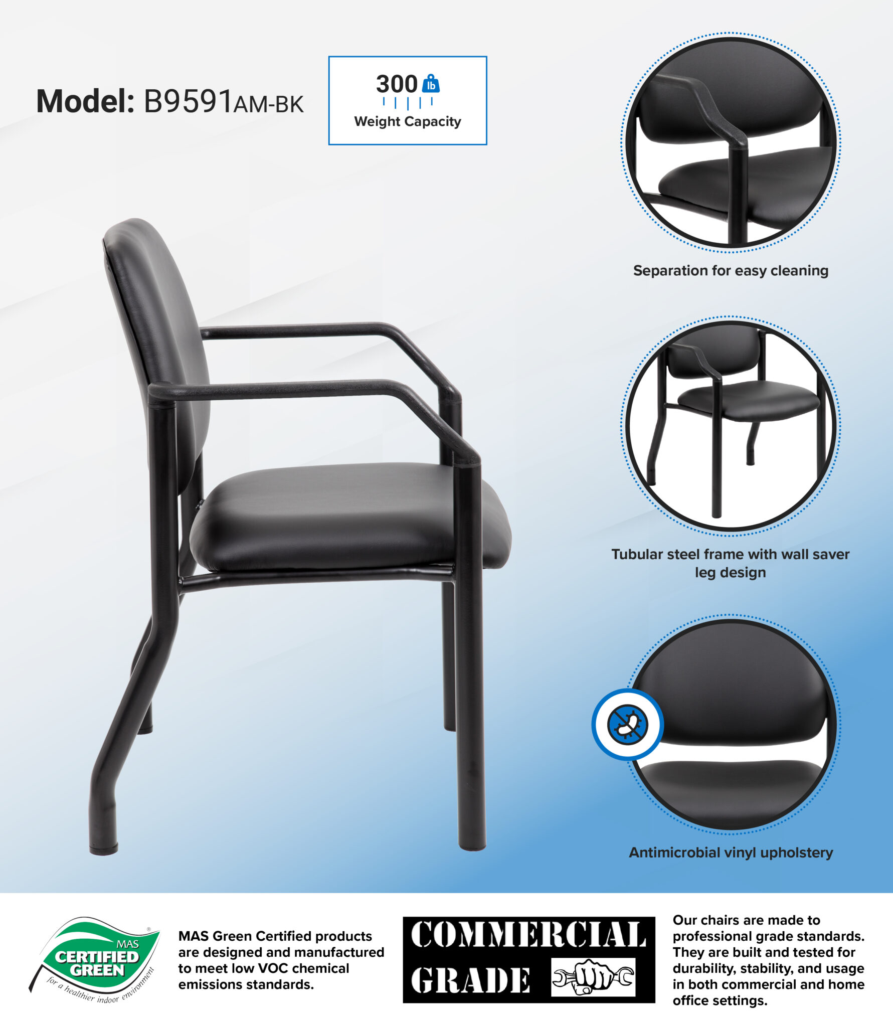 Boss Chair Mid Back Guest Chair, 300 lb capacity, Antimicrobial Vinyl ...