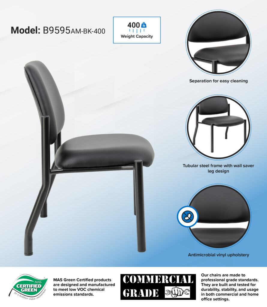 Boss Chair Mid Back Armless Guest Chair, 300 lb capacity, Antimicrobial ...