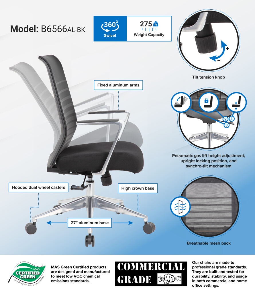 Boss Horizontal Mesh Back Task Chair, Aluminum Arms/Base – BossChair