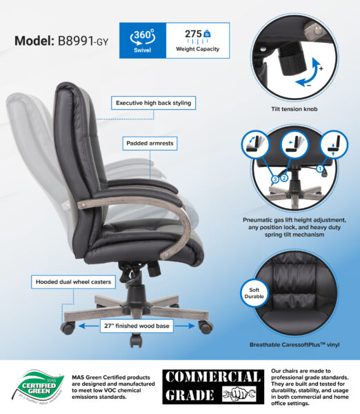 Boss High Back Executive Wood Finished Chairs, Grey – BossChair