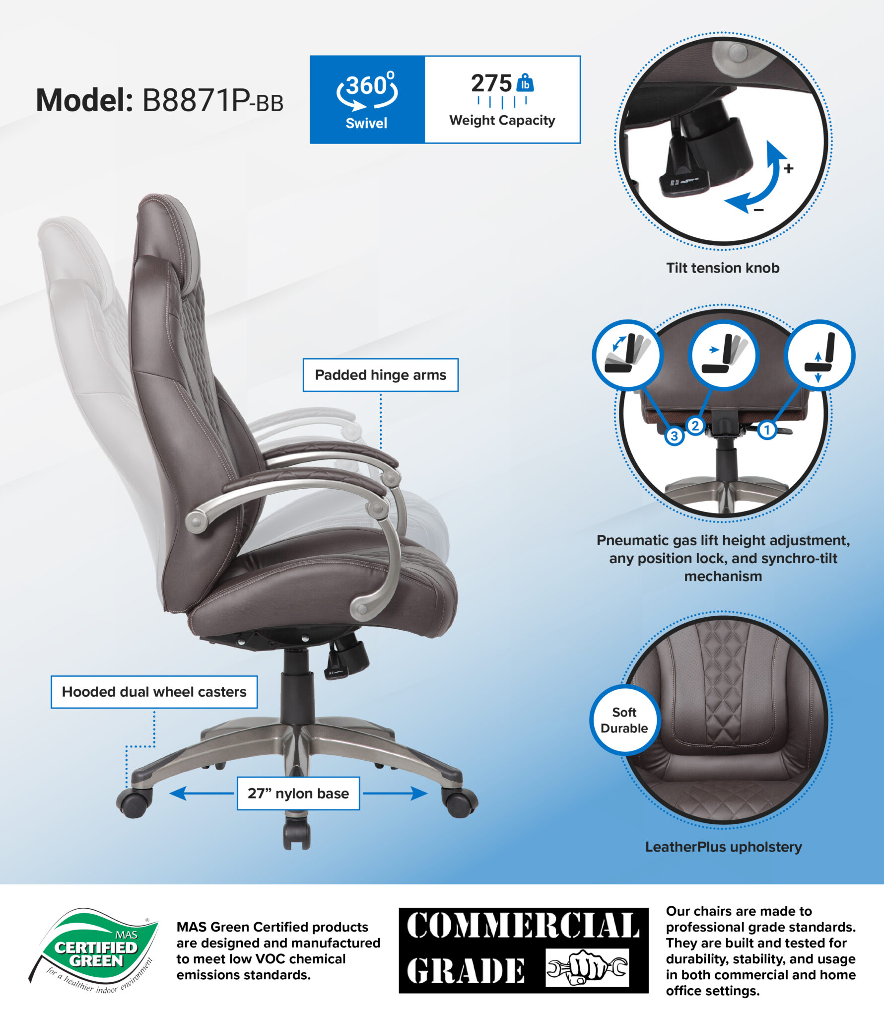 Boss Hinged Arm Executive Chair With Synchro-Tilt, Brown – BossChair